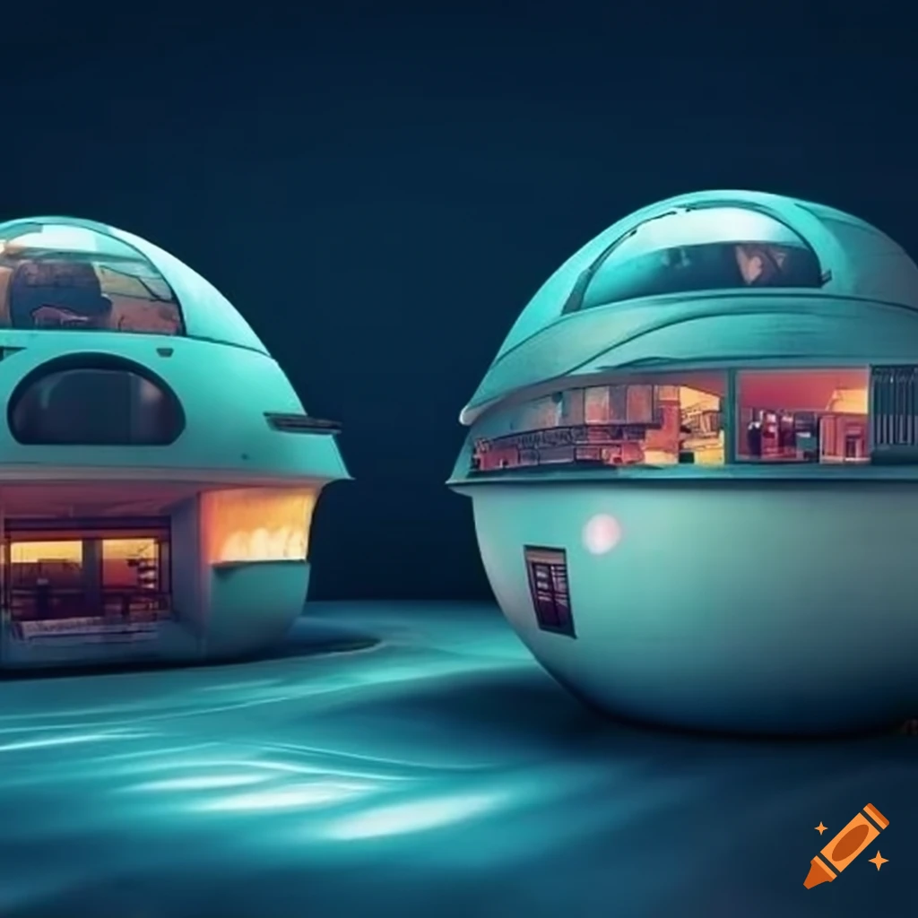 Retro-futuristic space colony pod general store with japanese-style ...