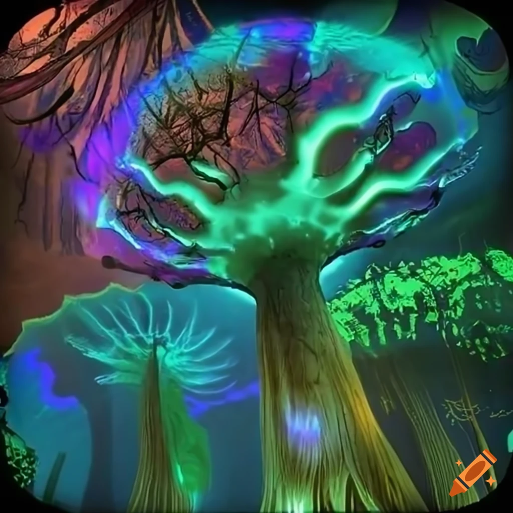 Biopunk forest merging nature and technology with towering bioluminescent trees on Craiyon