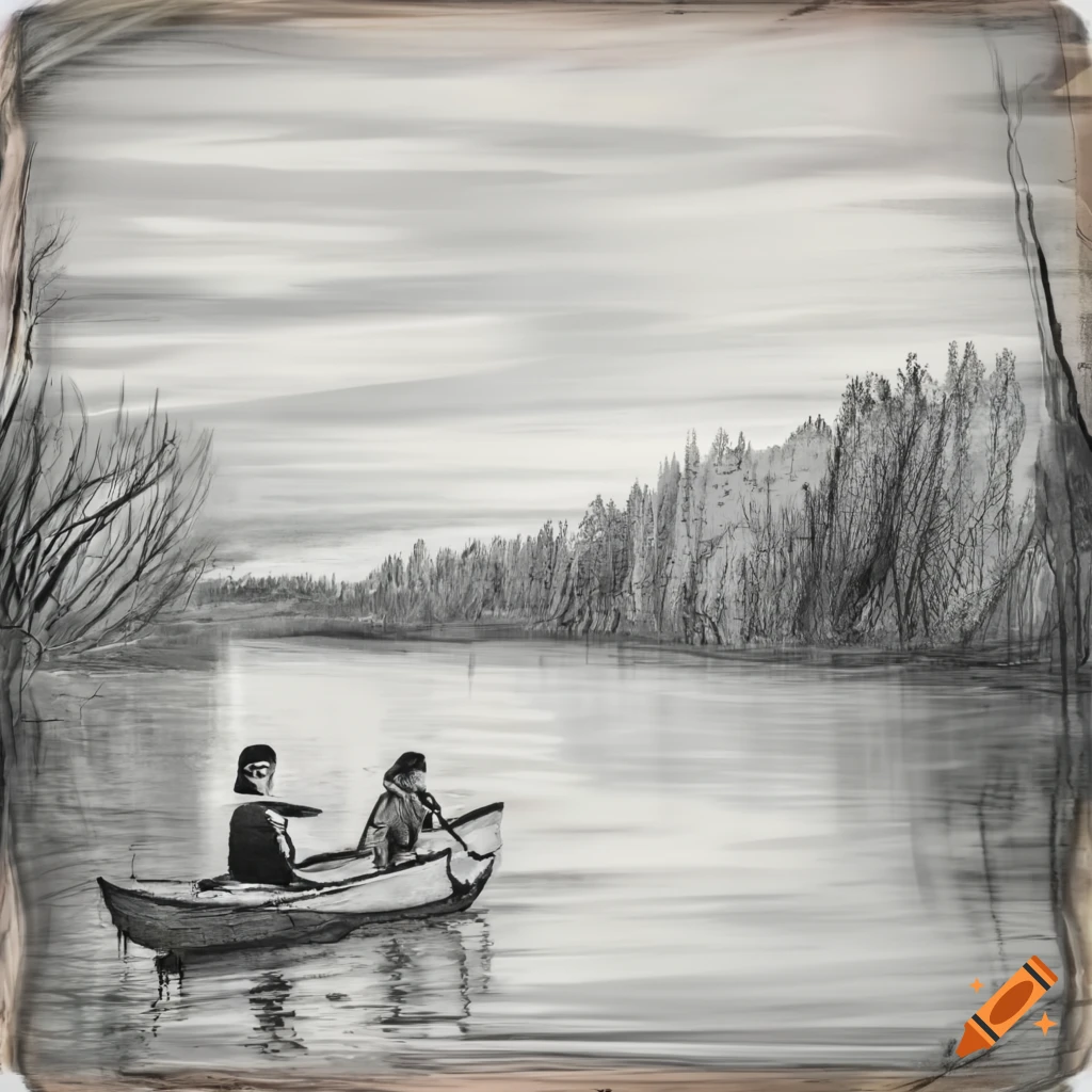 Man and woman paddling a canoe on a Polish river with scenic hills and ...