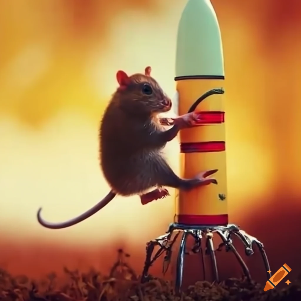 Rat hitching a ride on a bottle rocket during backyard launch on Craiyon