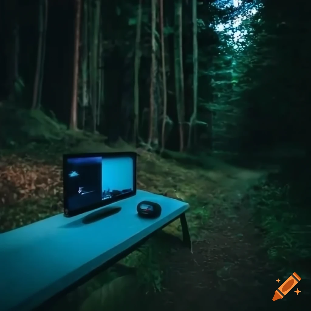 Gaming setup in a forest setting on Craiyon