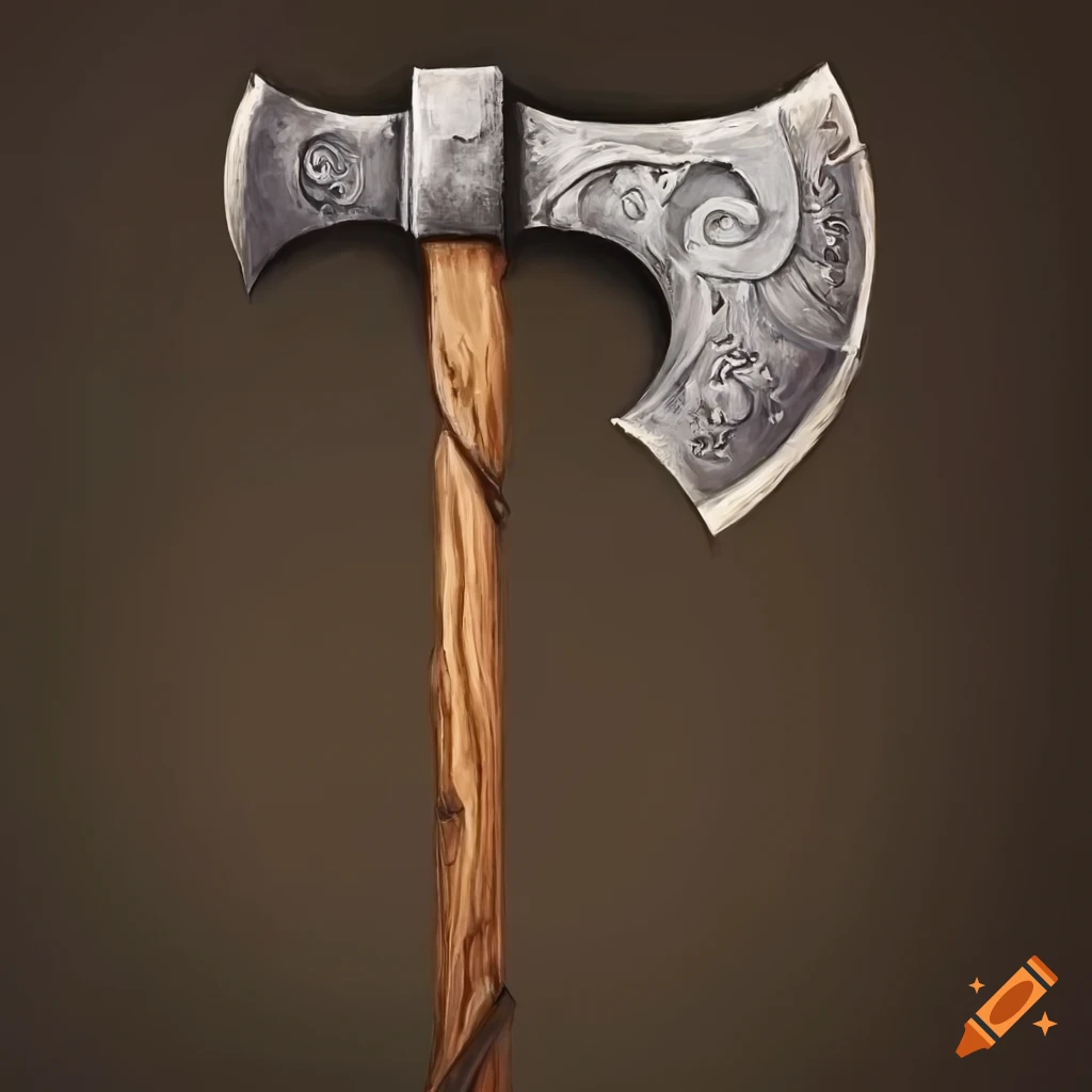 Intricately detailed oil painting of a medieval axe with a long oak ...