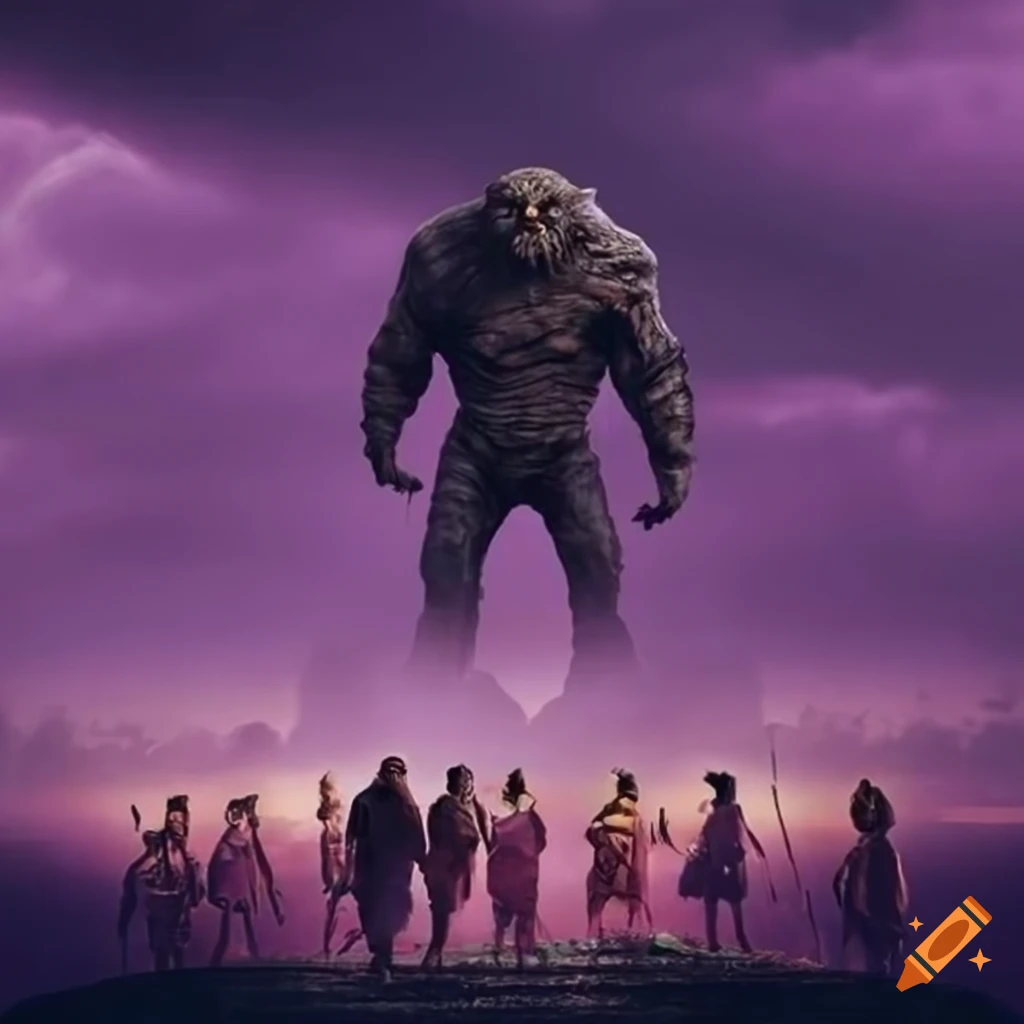 Six brave heroes facing a giant monster under a dark purple sky in an ...