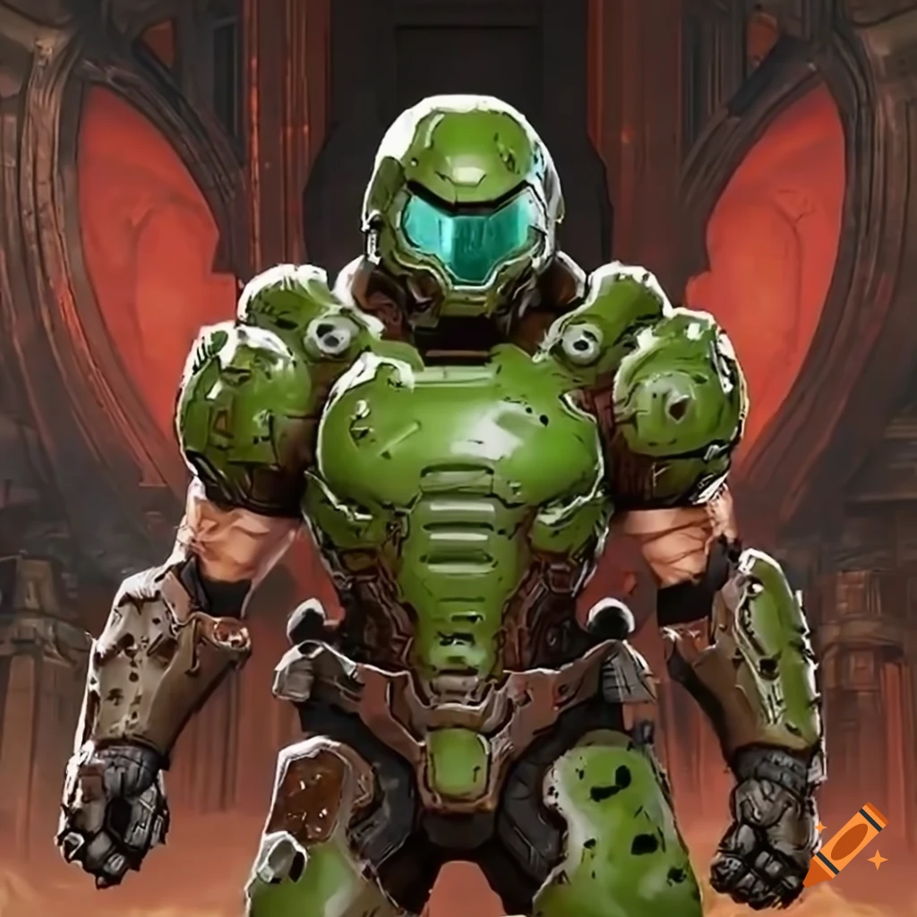 Doom slayer in praetor armor ready for combat in dimly lit setting on ...