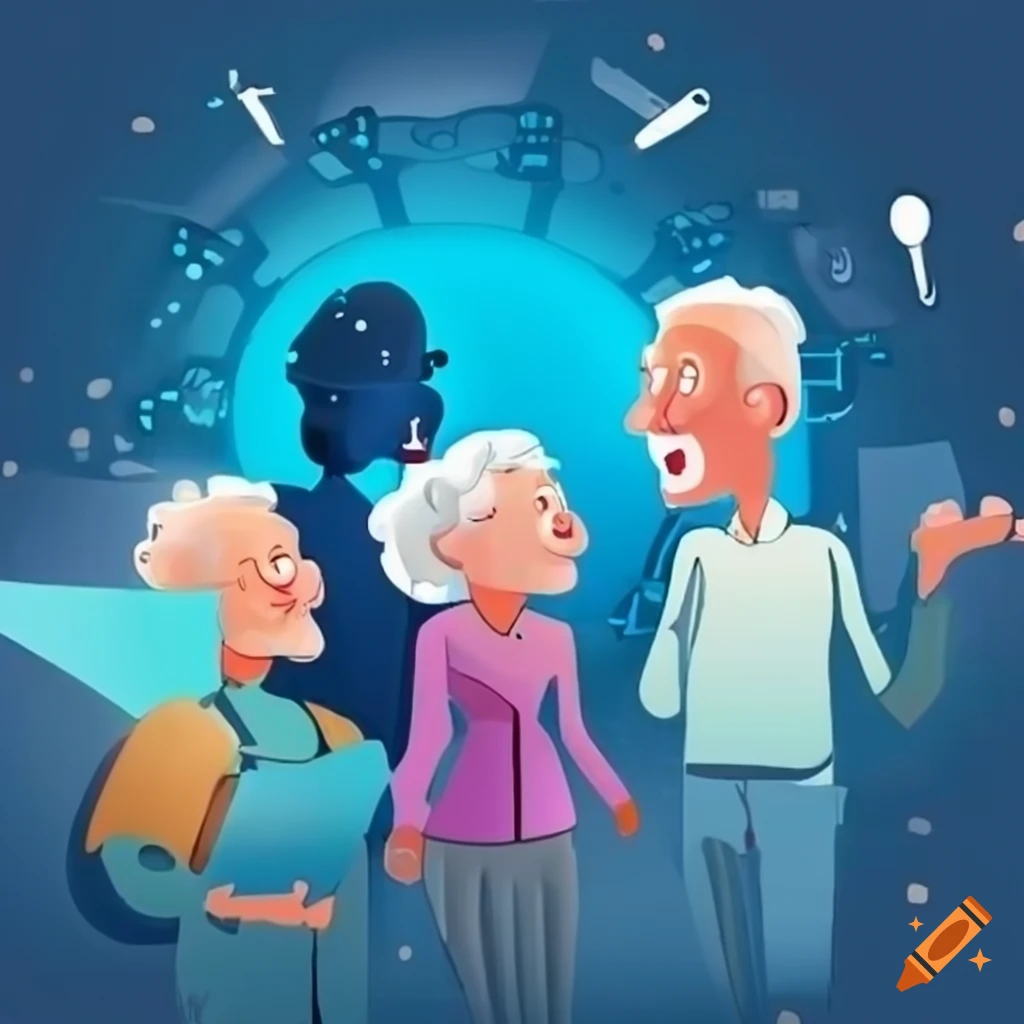 Tech-savvy senior group discussing innovations in vibrant cartoon style ...