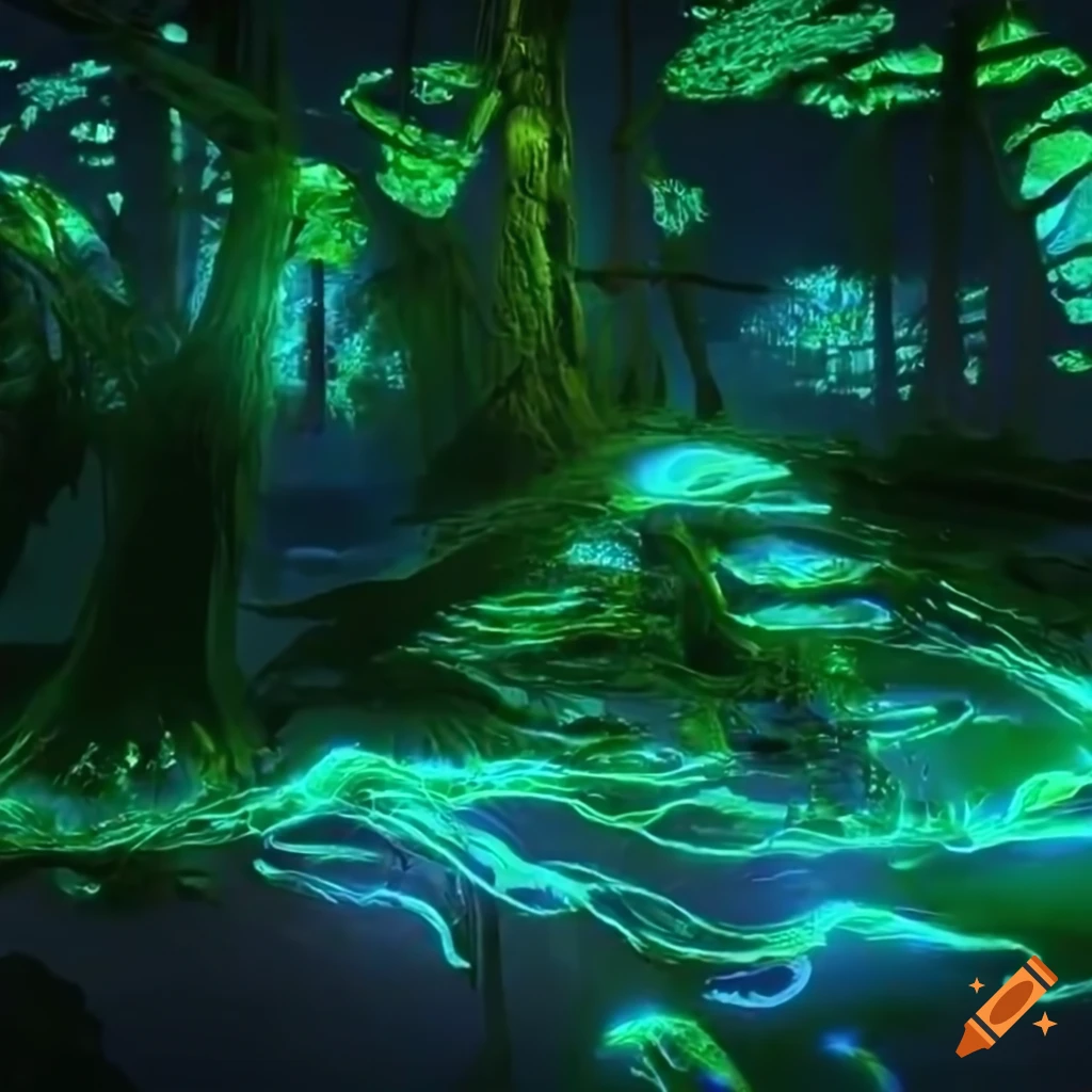 Surreal biopunk forest with glowing bioluminescent trees on Craiyon