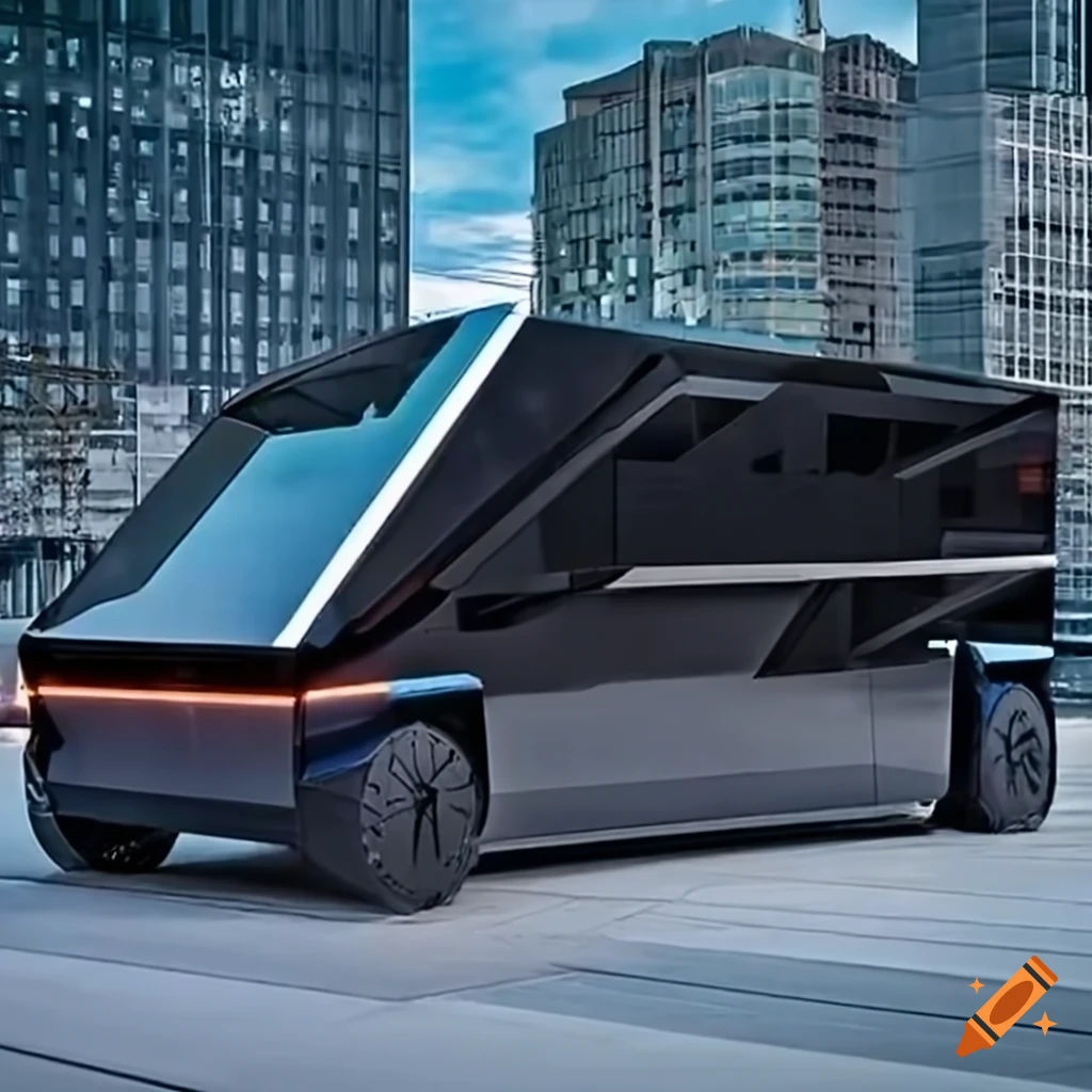 High-tech shuttle bus design inspired by tesla cybertruck in a city ...