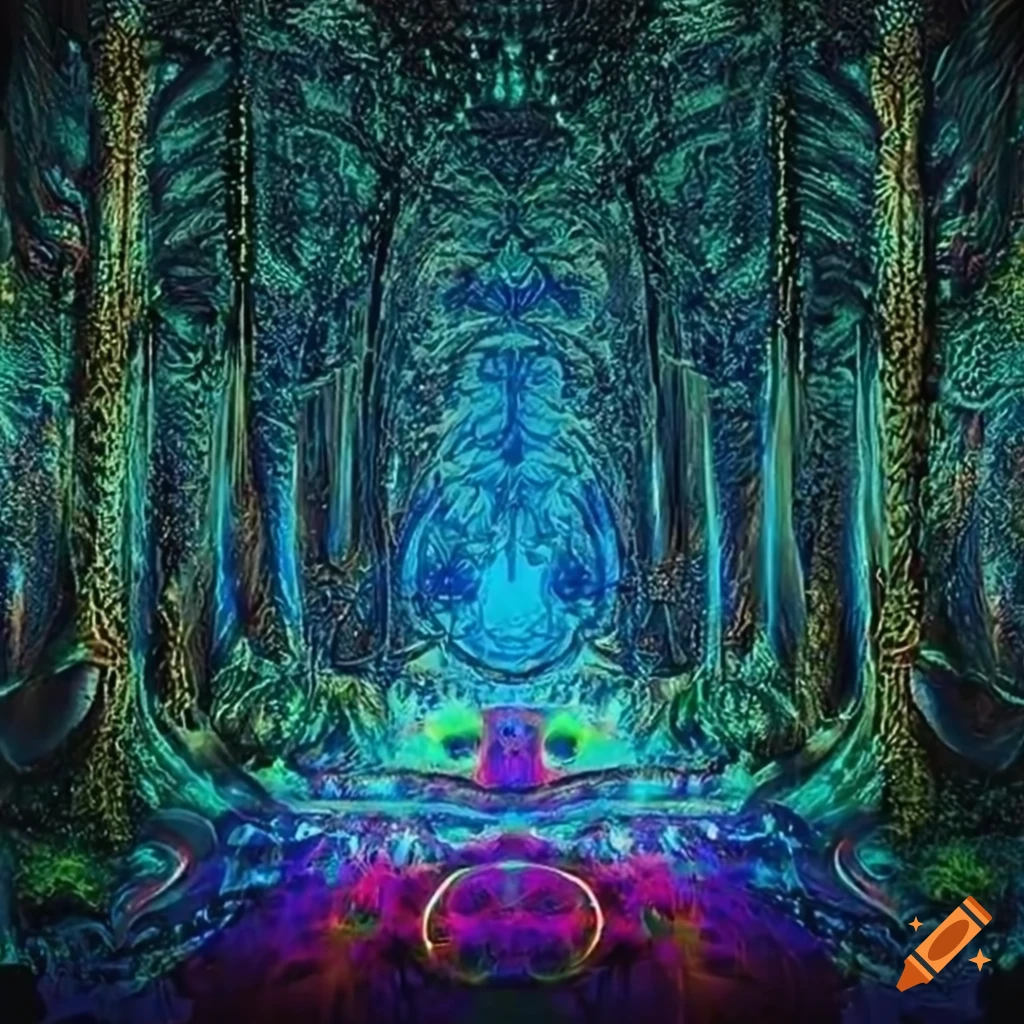 Psychedelic forest landscape with intricate sacred geometry on Craiyon