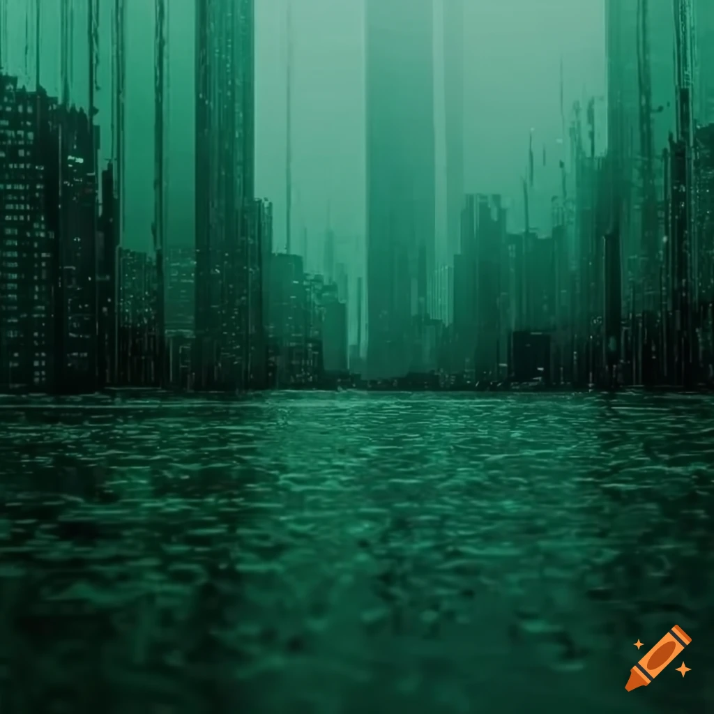 Green matrix cityscape in the rain with a moody atmosphere on Craiyon