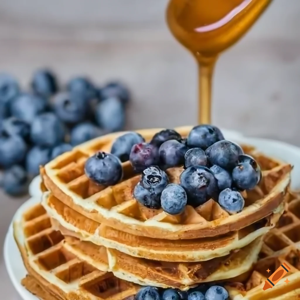 Stack of waffles with blueberries and honey drizzle, close-up aesthetic ...