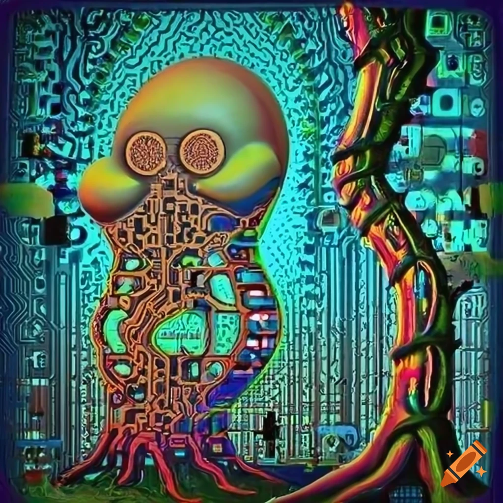 Psychedelic alien tree in electronic circuit board art style with retro ...