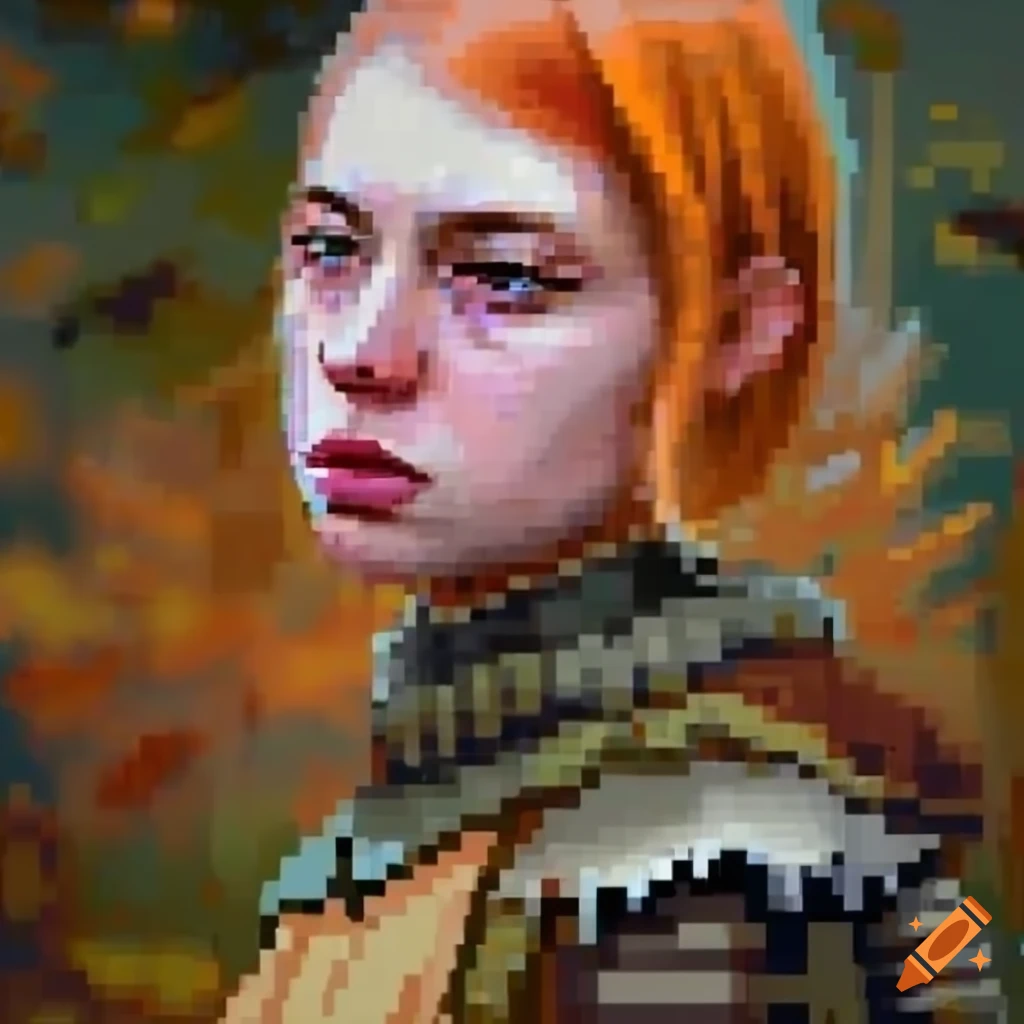 Pixel art hyperrealistic portrait of a grumpy jrpg heroine honing sword skills in an autumn ...