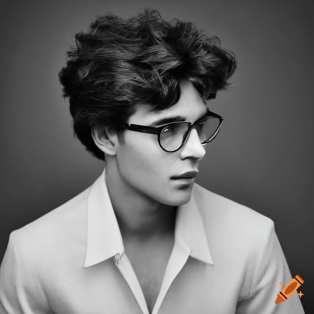 Portrait of a young man with black wavy hair and glasses, in a USSR ...