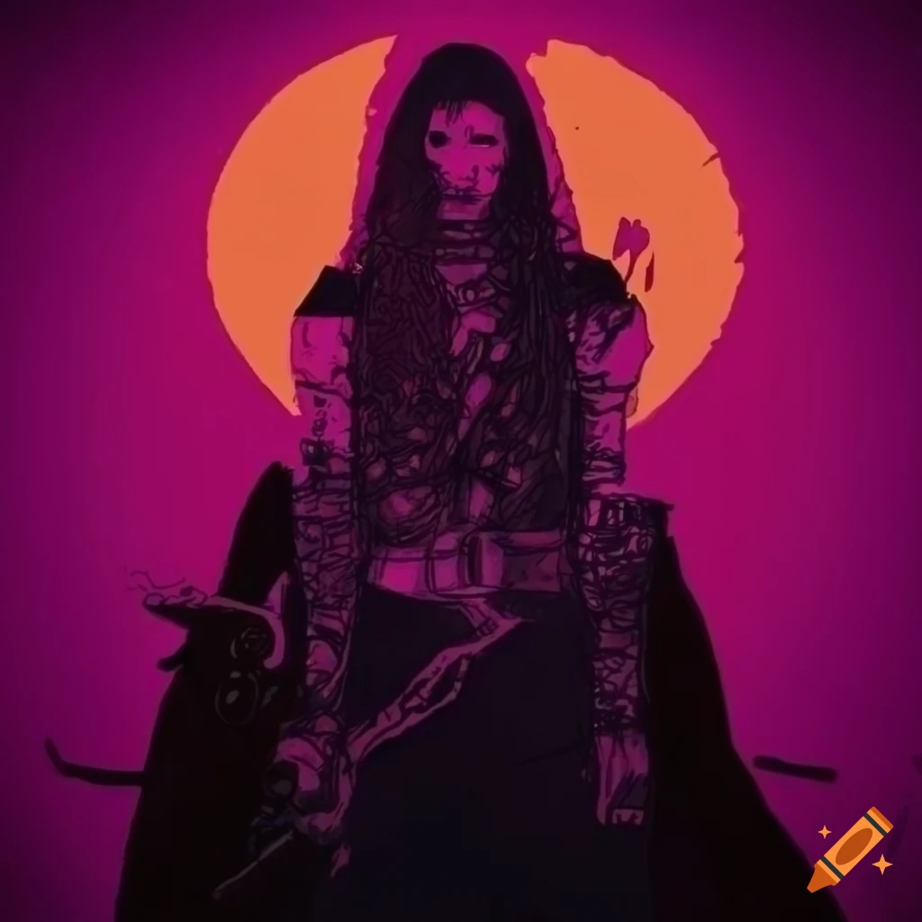 Dark fantasy rogue in Mörk Borg art style with yellow and pink colors ...