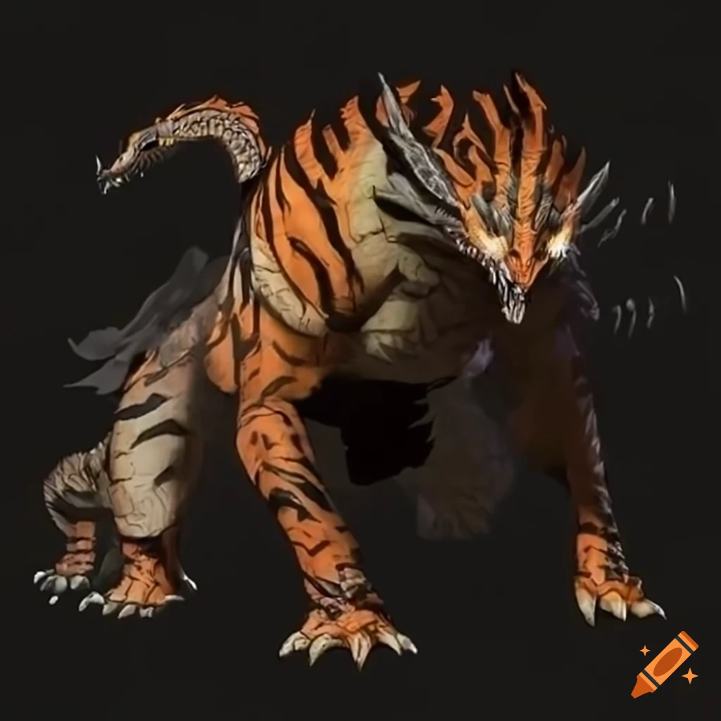 Tiger-dragon hybrid beast concept art in monster hunter style on Craiyon