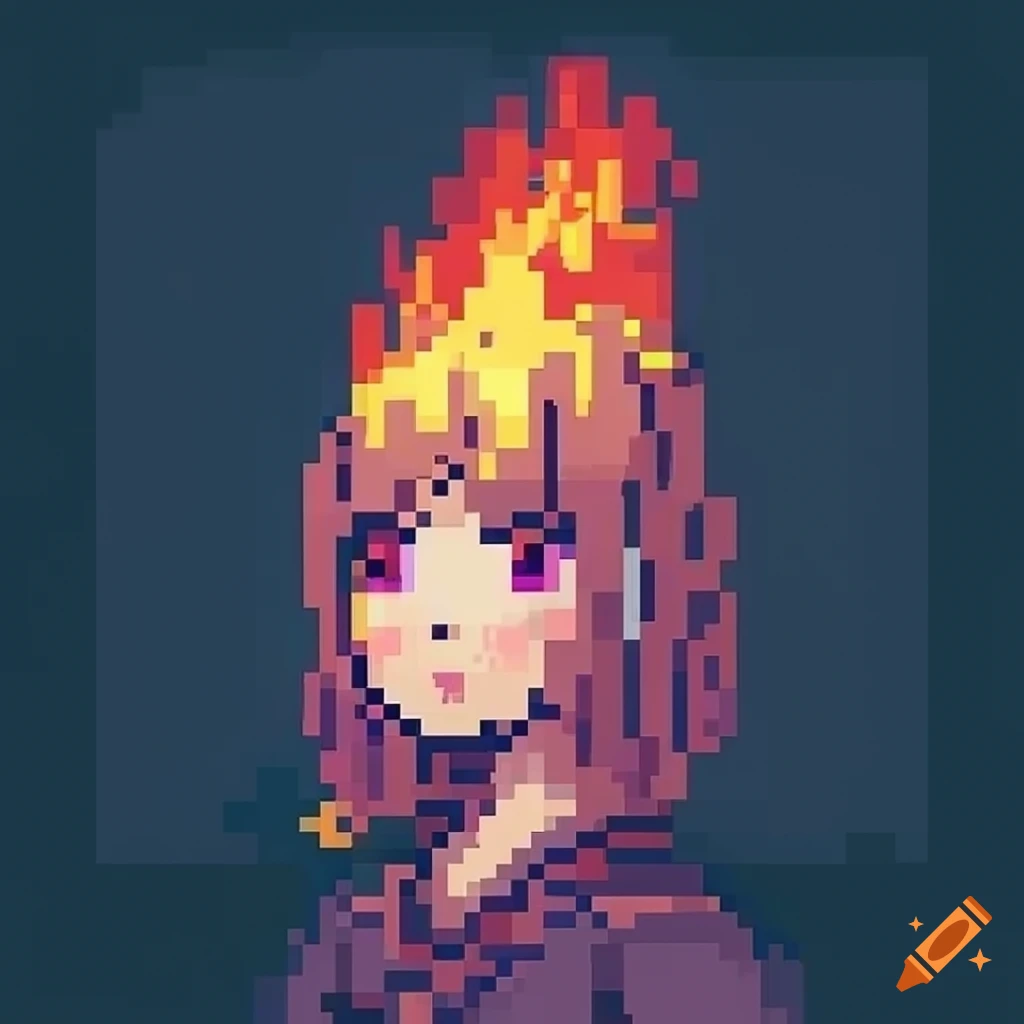 Pixel art portrait of anime girl casting a fire spell on Craiyon