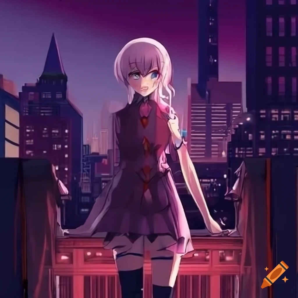 Courageous heroine in front of an imposing cityscape in anime art style ...