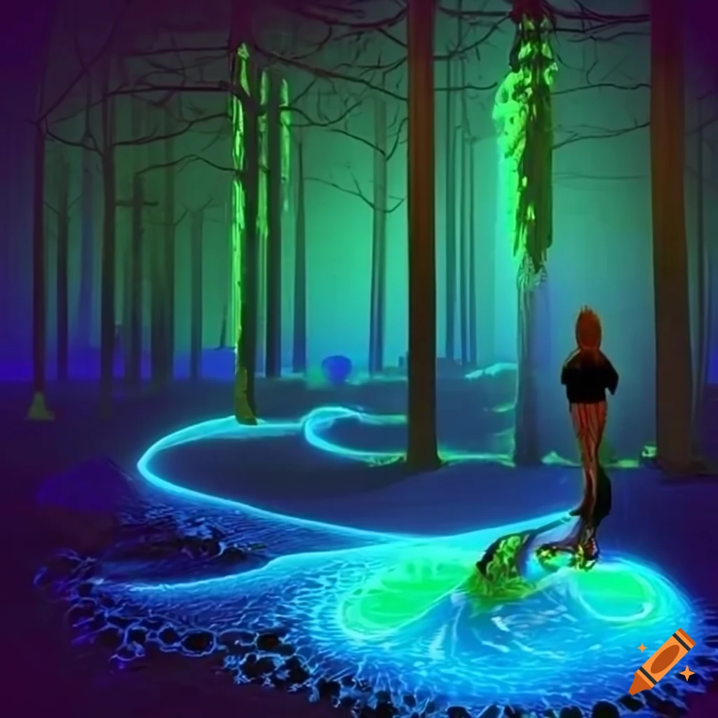 Biopunk paradise with glowing bioluminescent trees in a surreal forest on Craiyon