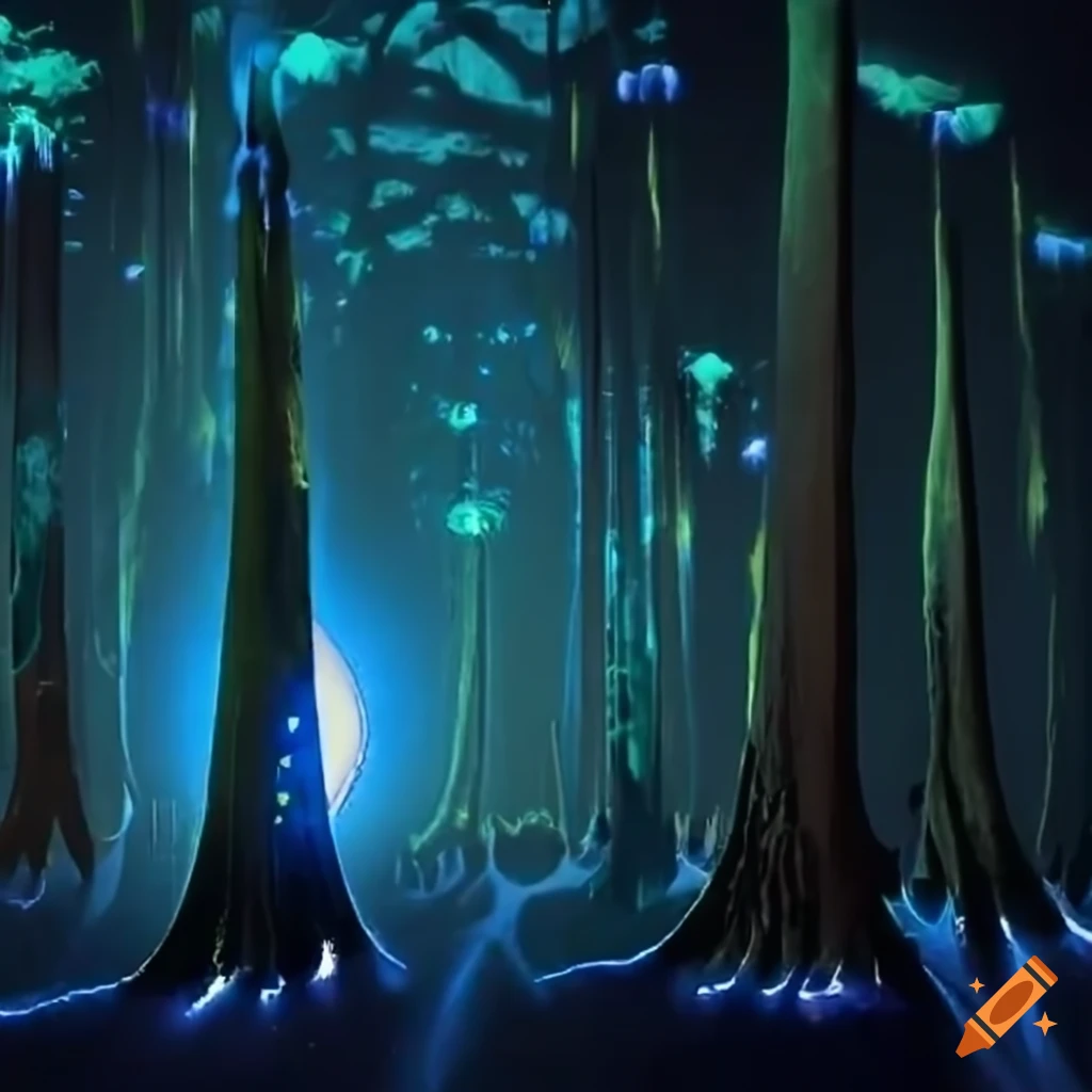 Surreal biopunk forest merging nature and technology with glowing bioluminescent trees on Craiyon