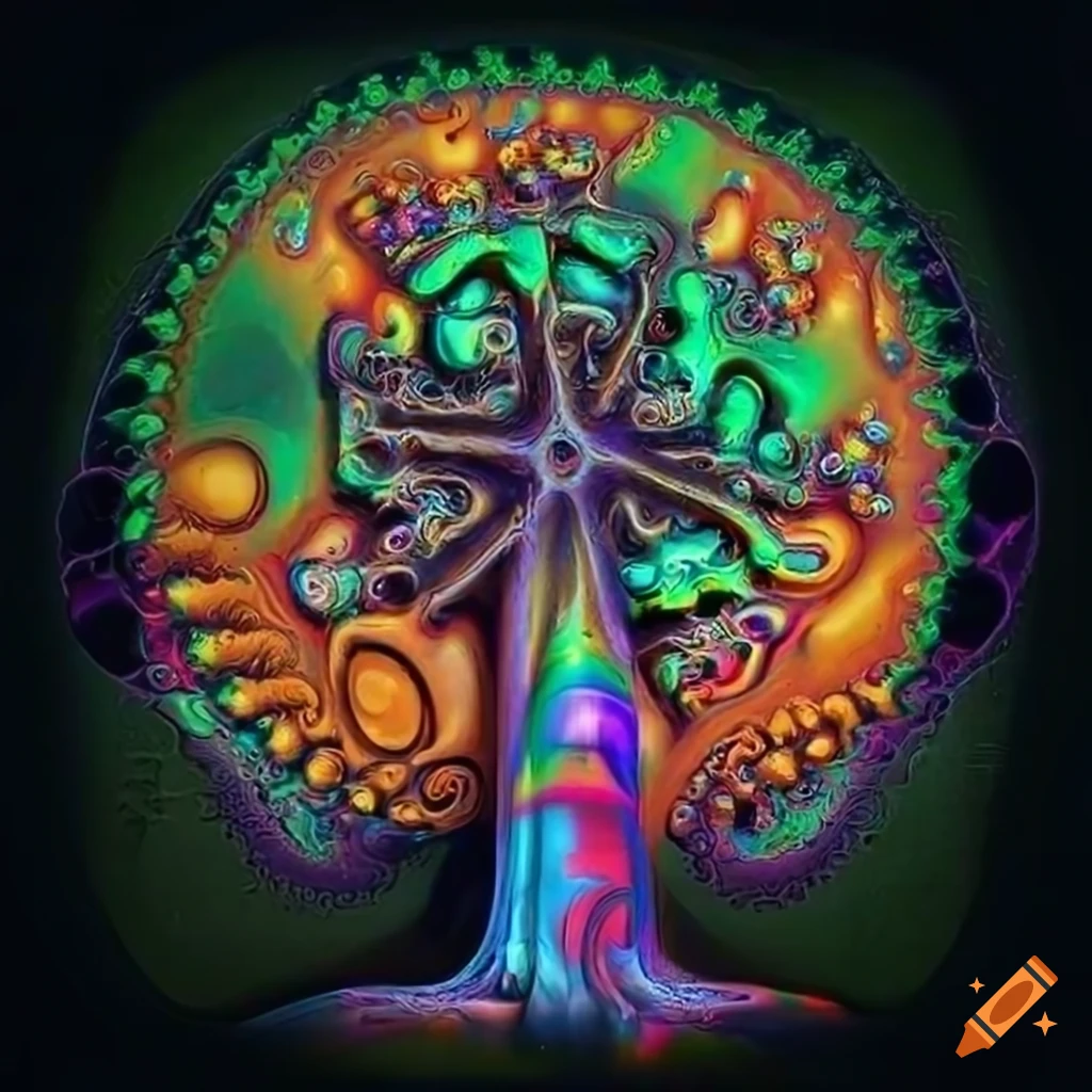Psychedelic alien tree in tube art style with technical drawings of ...