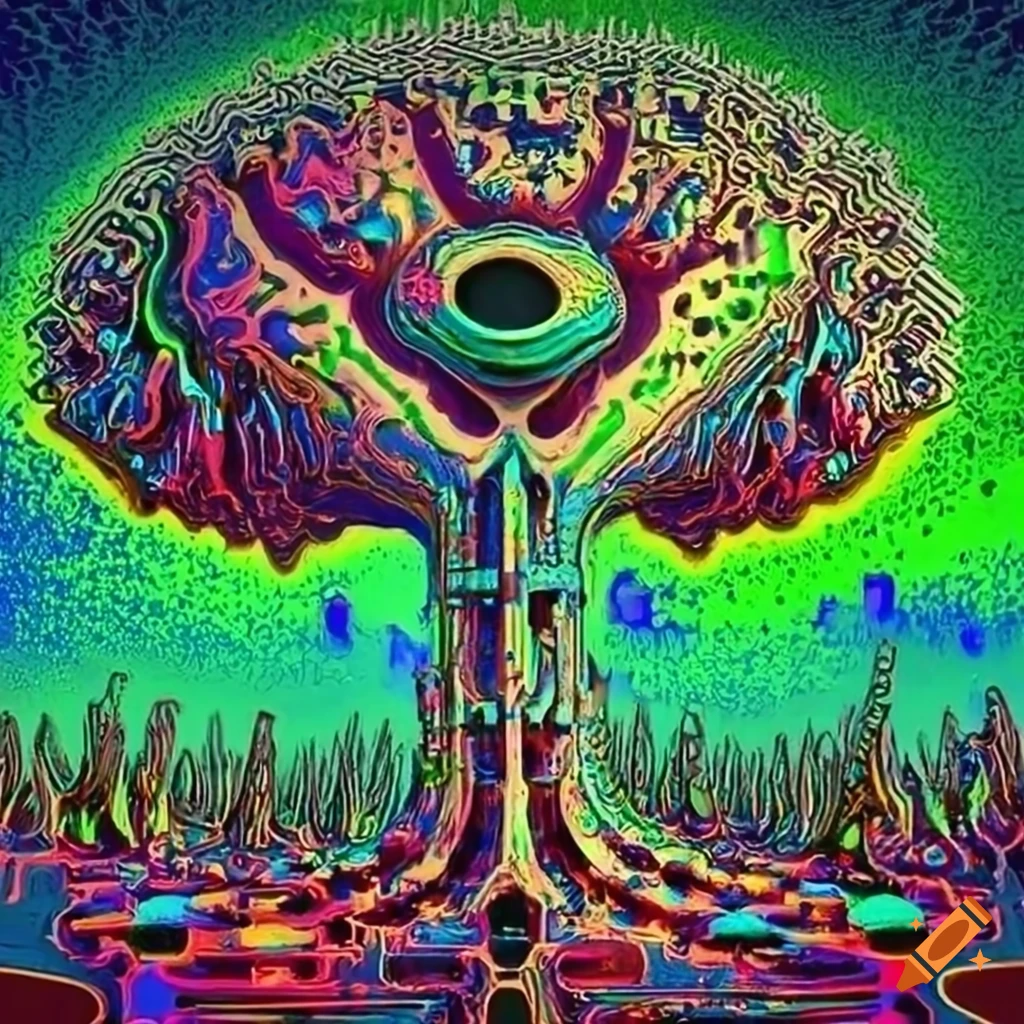Psychedelic alien tree in tube art style with detailed technical drawing of tropical plants on ...
