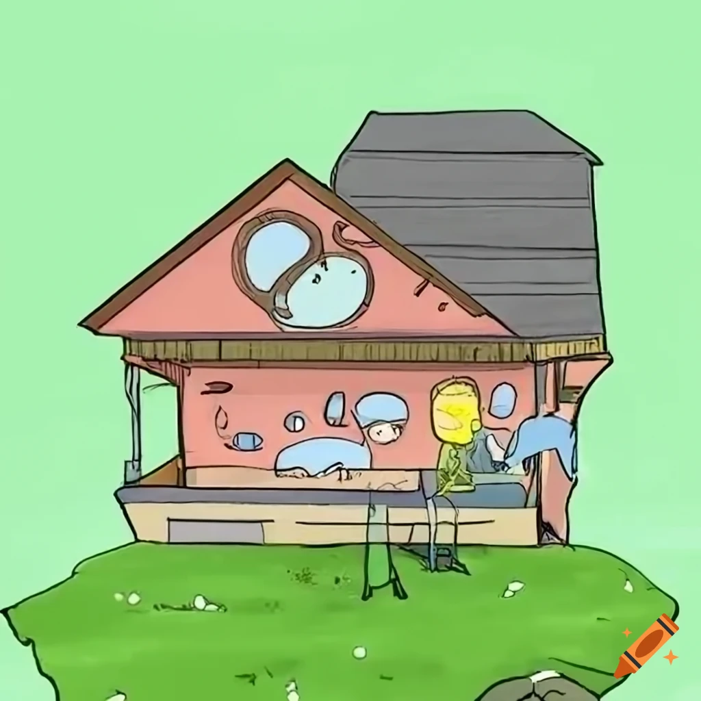 Cartoon floating bungalow in space with green lawn in Rick and Morty ...