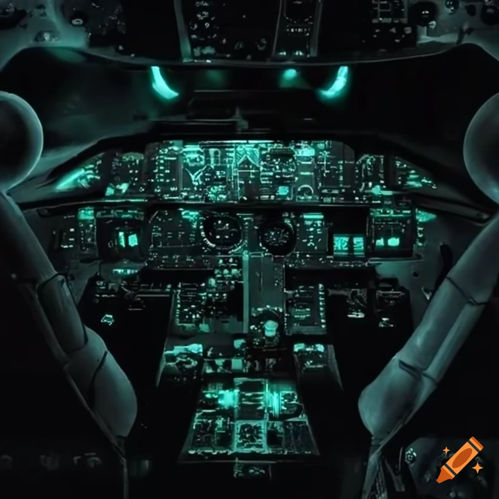 Inside airplane cockpit with mysterious glowing symbols on window on ...