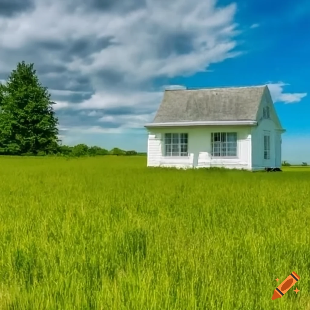 Lonely white house in a field during the day with a weirdcore-like ...