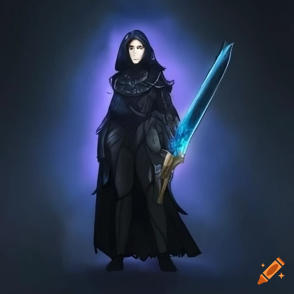 Female sci-fi knight in black armor with raven feather cloak and blue ...