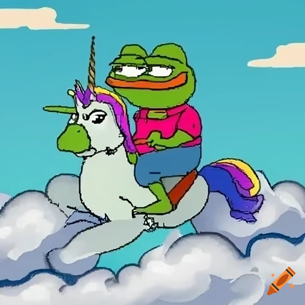Pepe the frog riding a unicorn above the clouds in a whimsical scene on ...