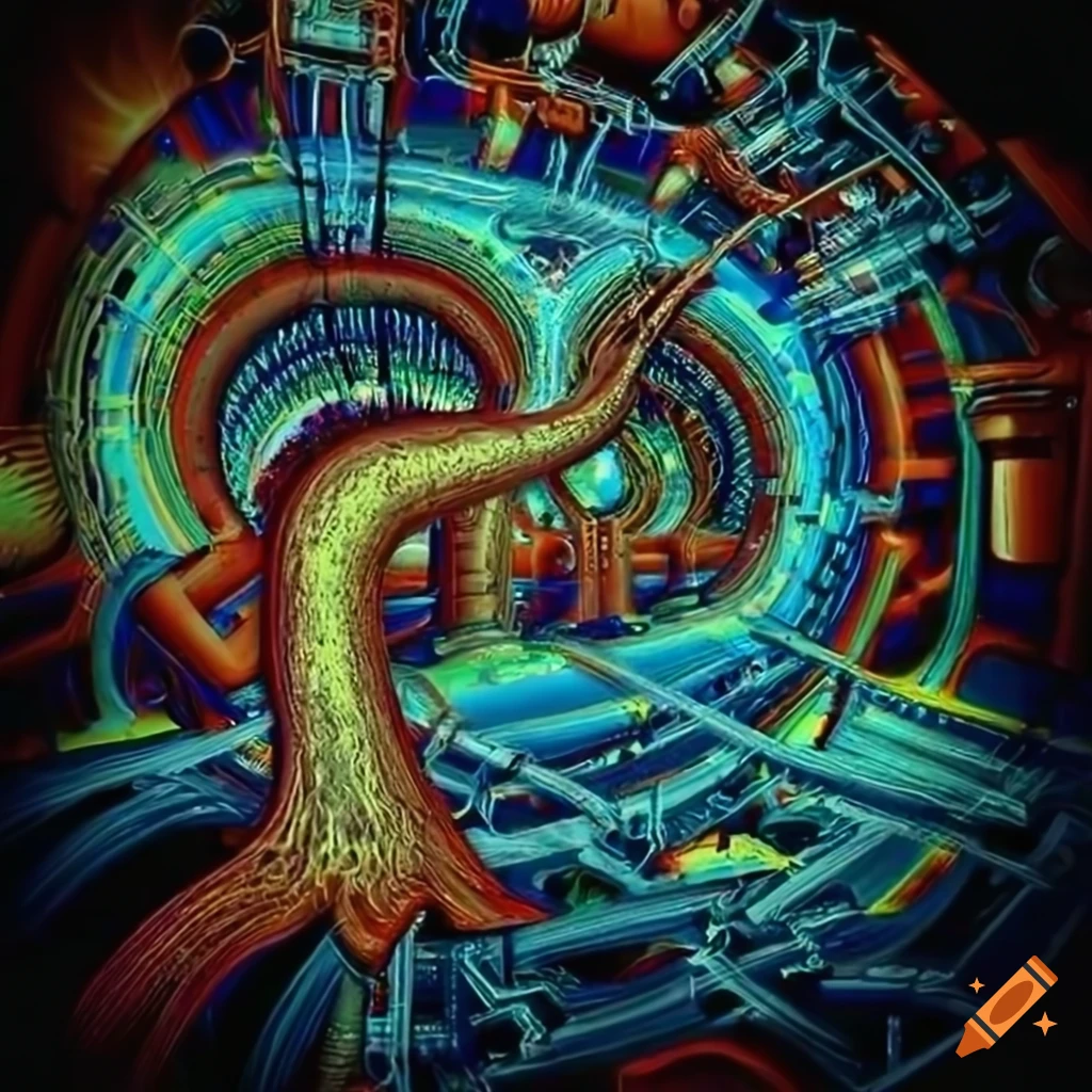 Psychedelic alien tree in tube art style with technical drawings of ...