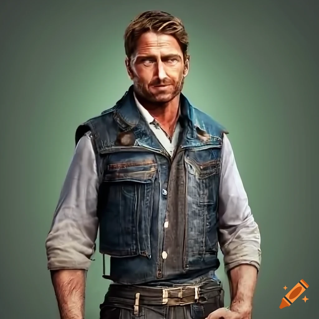 Young actor in outlaw biker style outfit standing in doorway on Craiyon