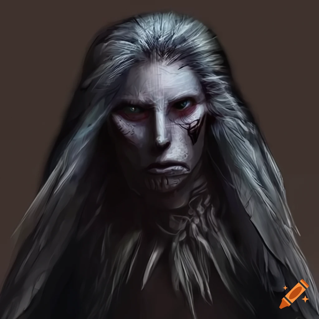 Humanoid crow person with feathers and long hair on Craiyon