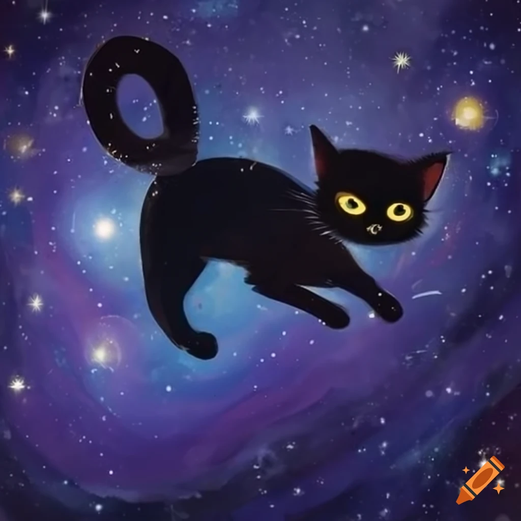 Black cat flying in the starry Milky Way in a cartoon style on Craiyon
