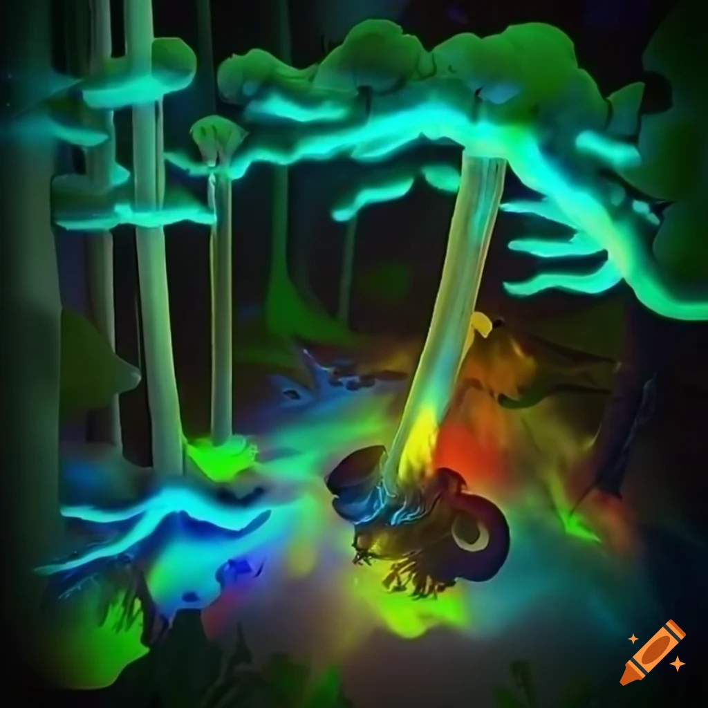 Surreal biopunk forest merging nature and technology with glowing bioluminescent trees on Craiyon