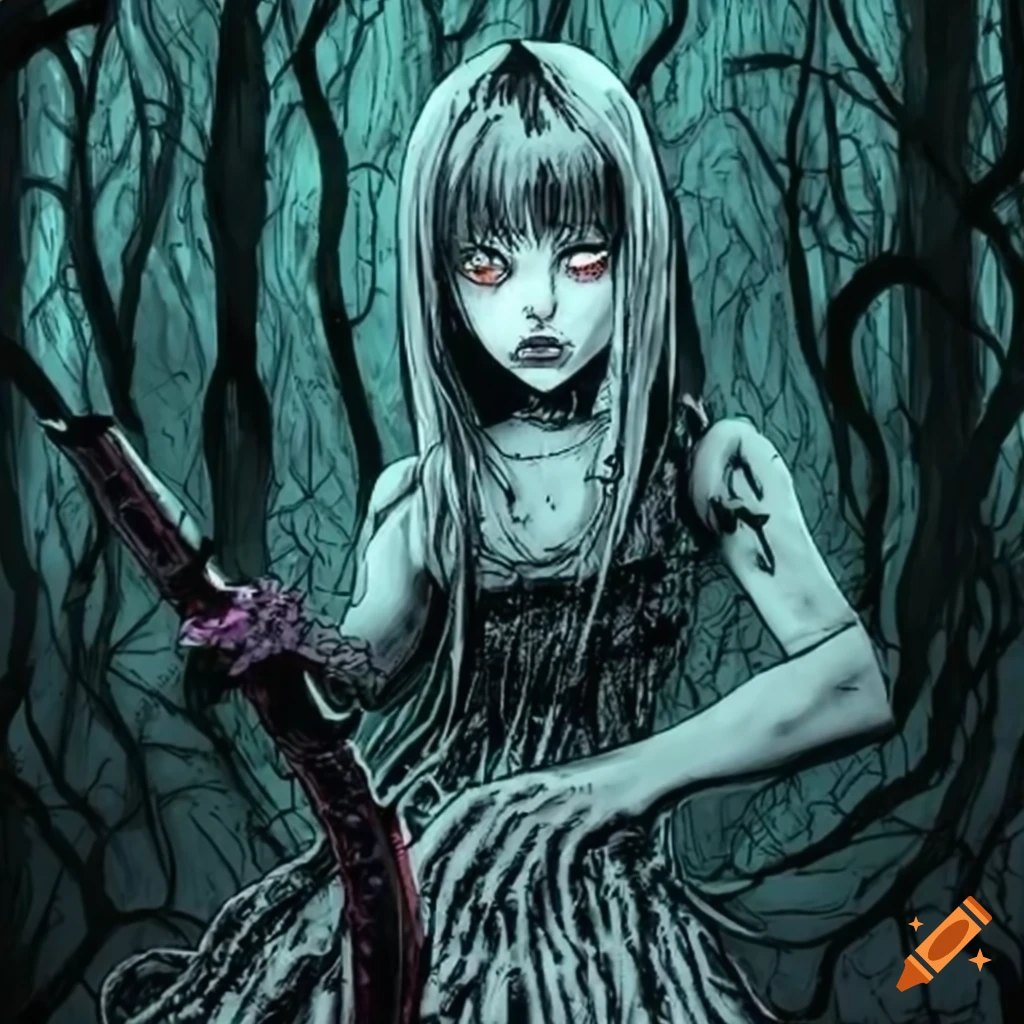 Monster girl with a massive sword in a dark forest inspired by junji ...