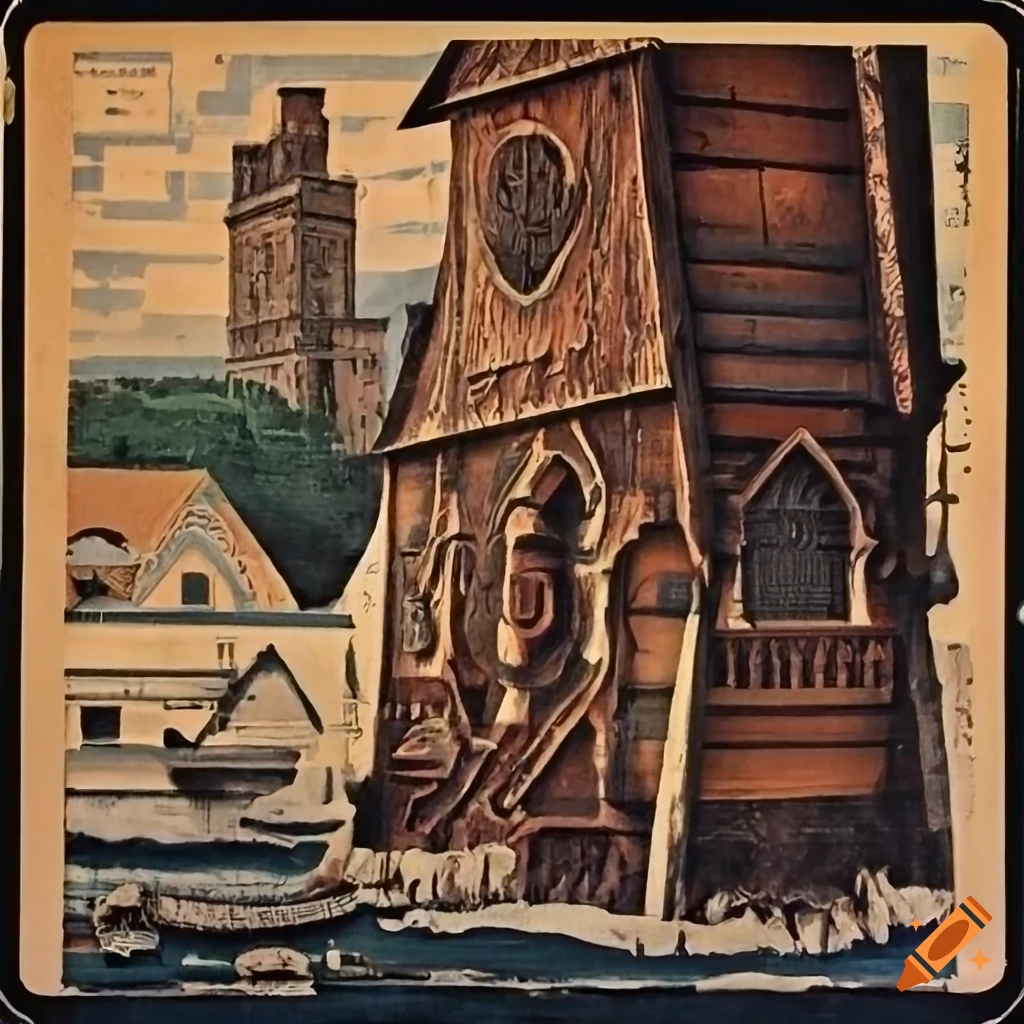 Vintage misadventure travel poster with stave carvings and vibrant ...