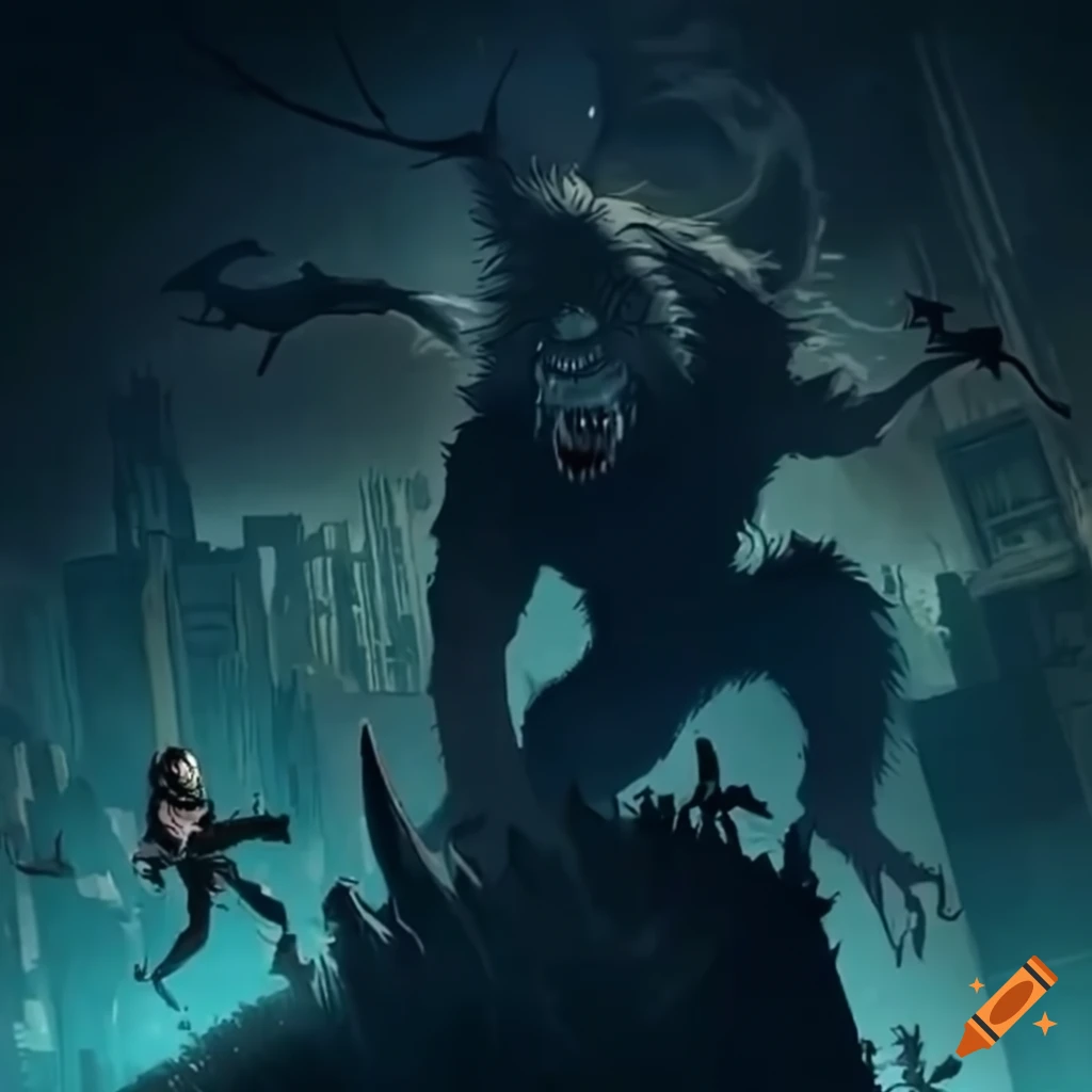 Brave hero battling a werewolf on city rooftops under the moonlight on ...