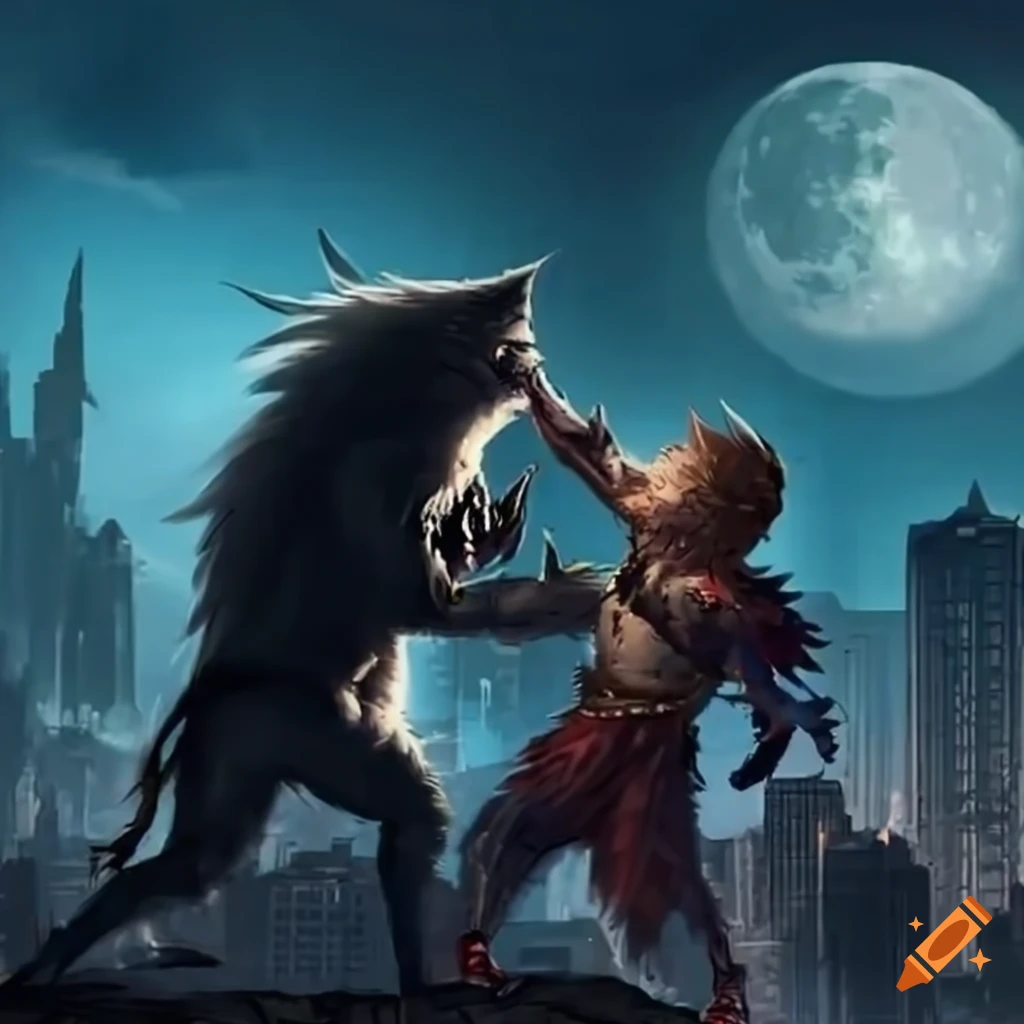 Brave hero battling terrifying werewolf on city buildings under ...