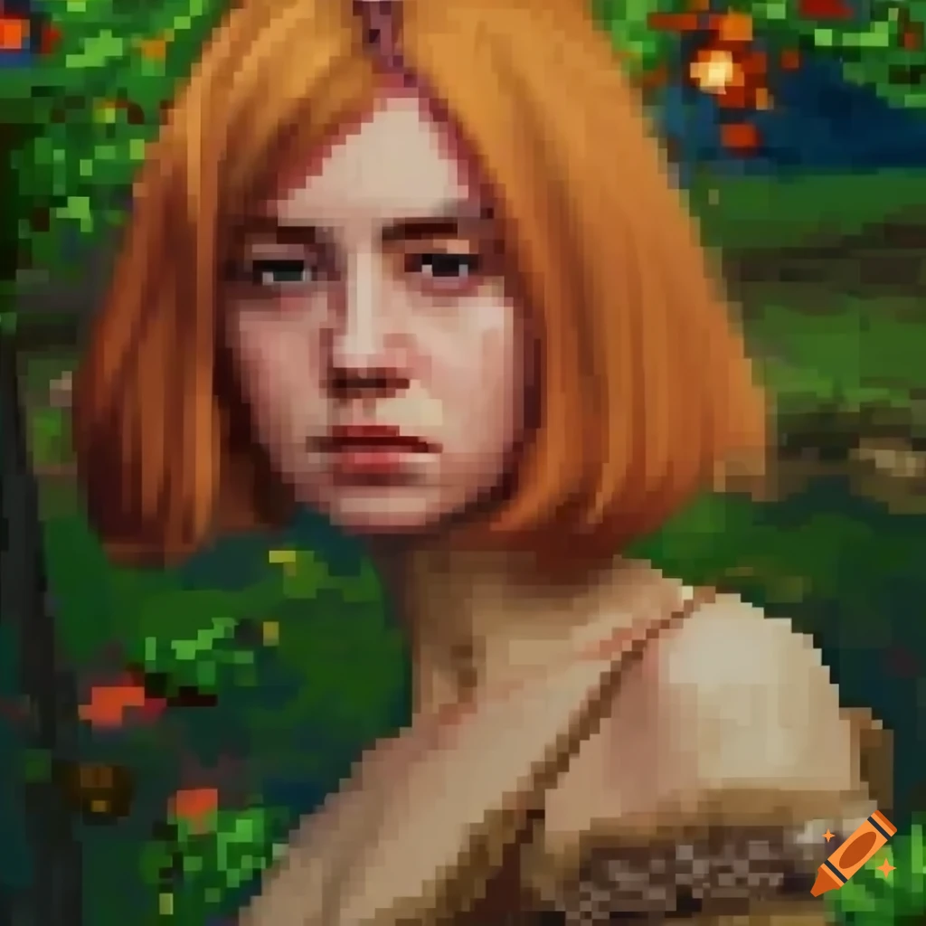 Pixelart hyperrealism portrait of a serious JRPG heroine in a blooming ...