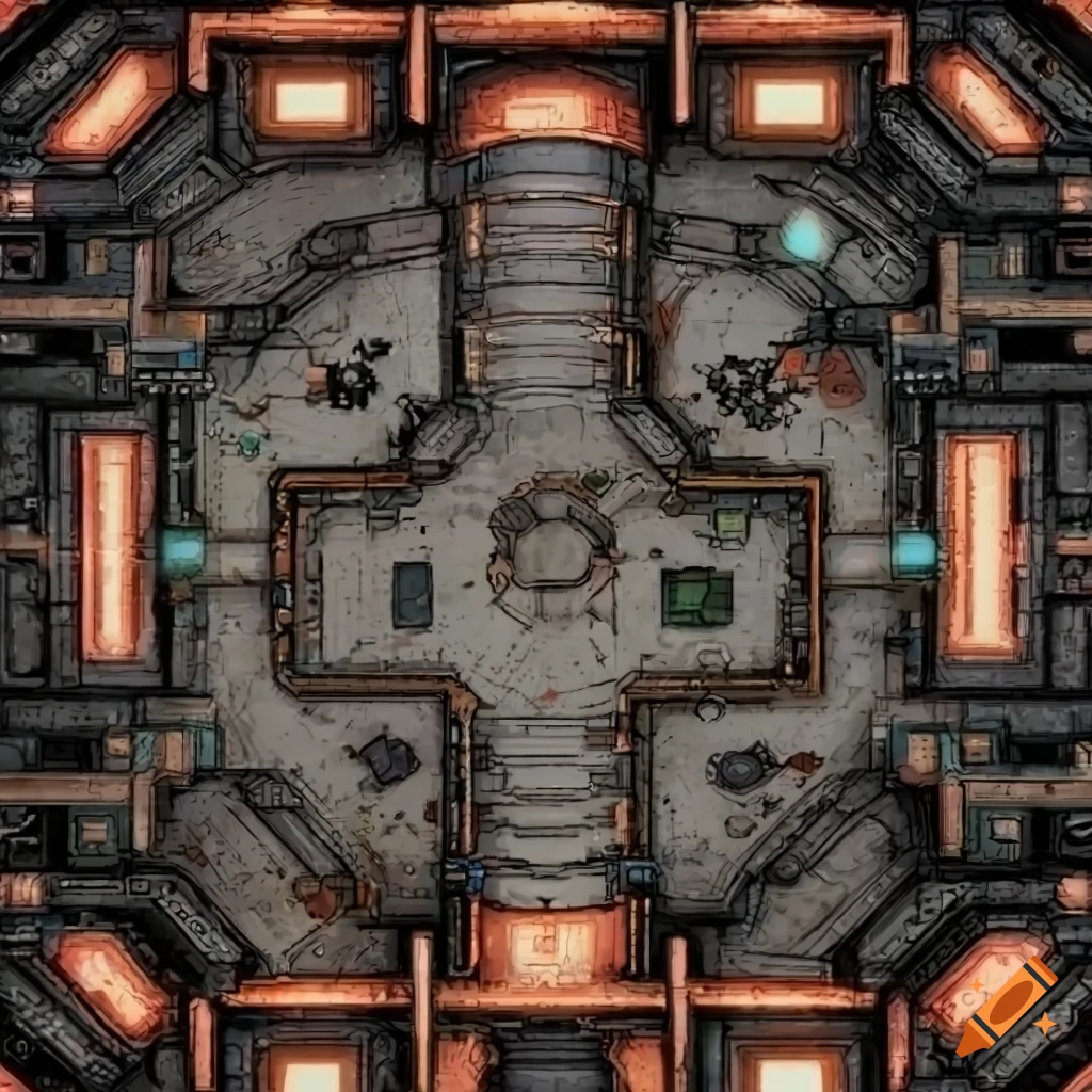 High detail top-down battle map of a spaceship engine-room on Craiyon