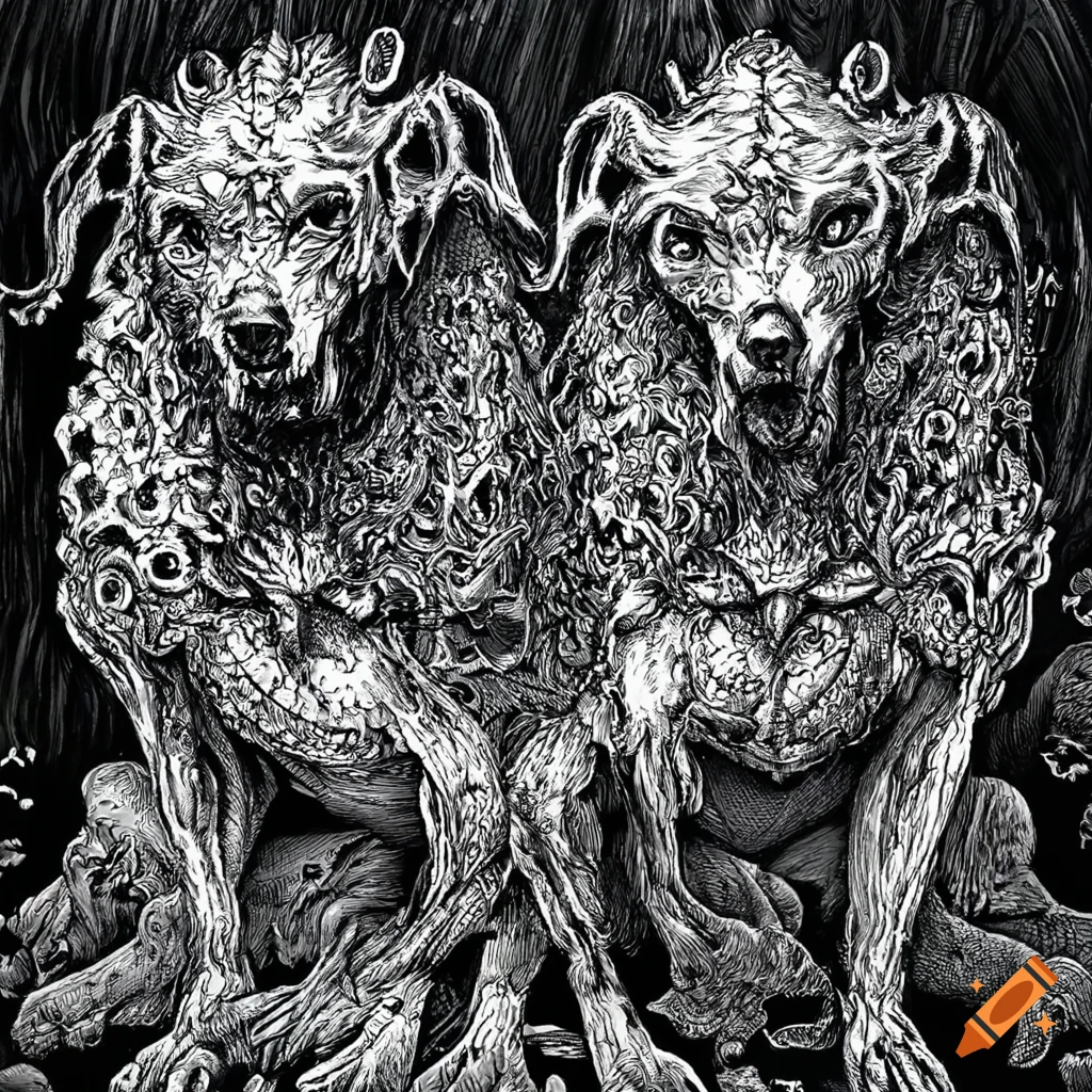 Pen-and-ink artwork of mythical two-headed dog orthrus with dark gothic ...