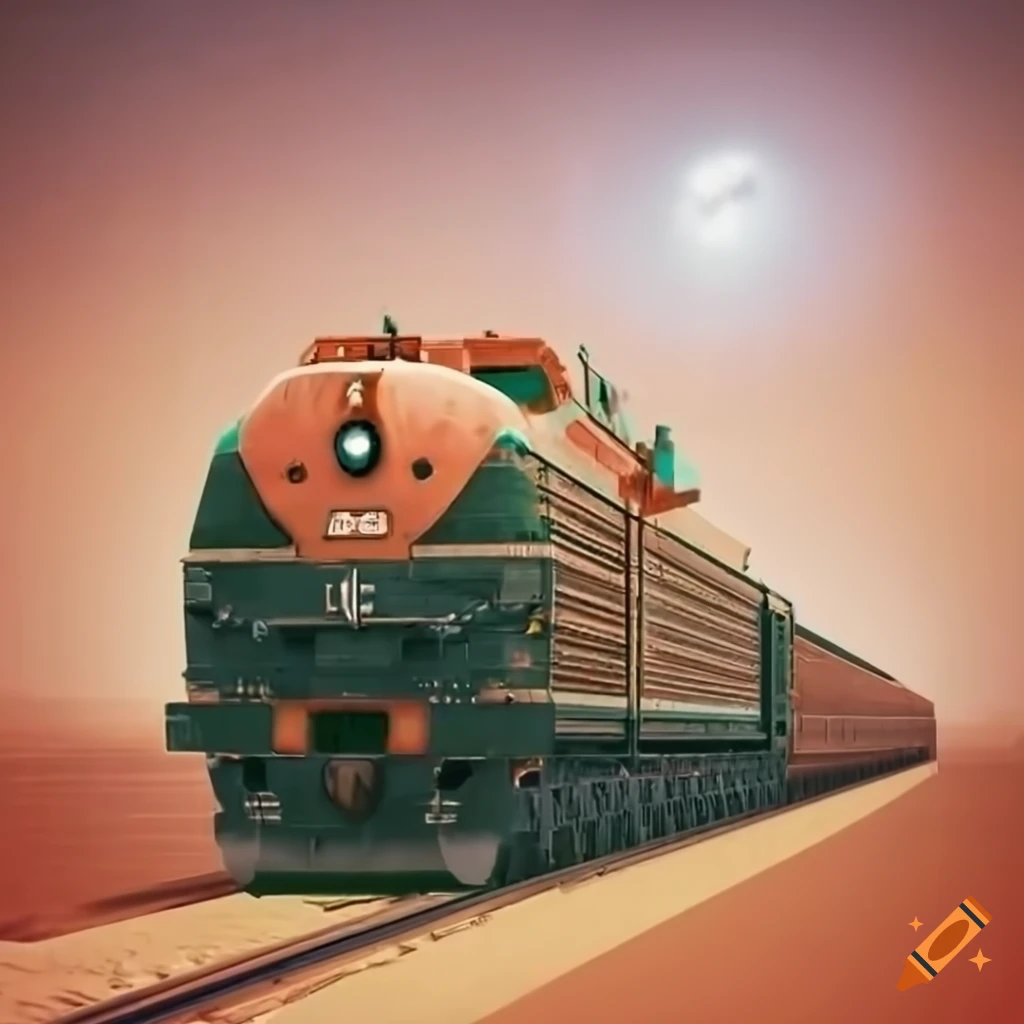 Powerful locomotive with armored core crossing a desert with a ...