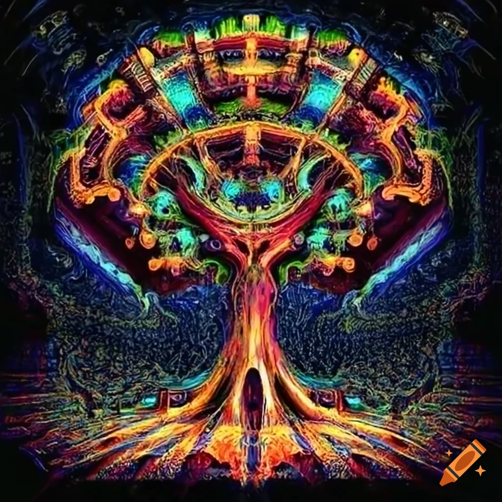 Psychedelic alien tree in tube art style with technical drawings of tropical plants on Craiyon