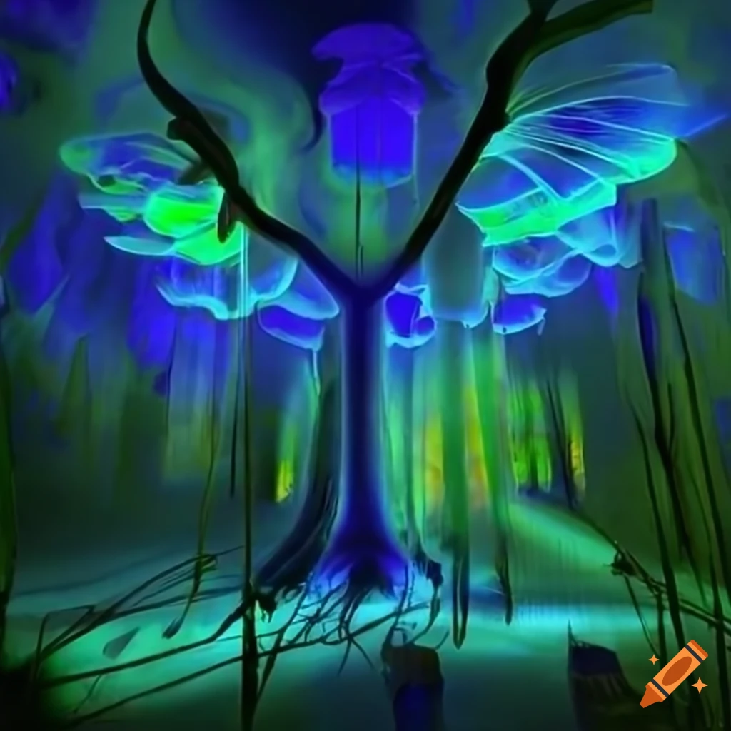 Biopunk paradise with glowing bioluminescent trees in a surreal forest on Craiyon