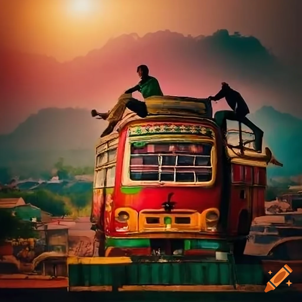 Young man sitting on a vibrant indian bus with serene countryside in ...