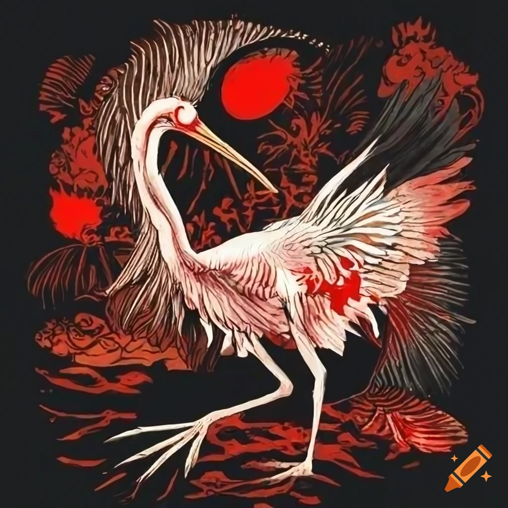 Crane hunting fish in Japanese art style with red, white, and black ...