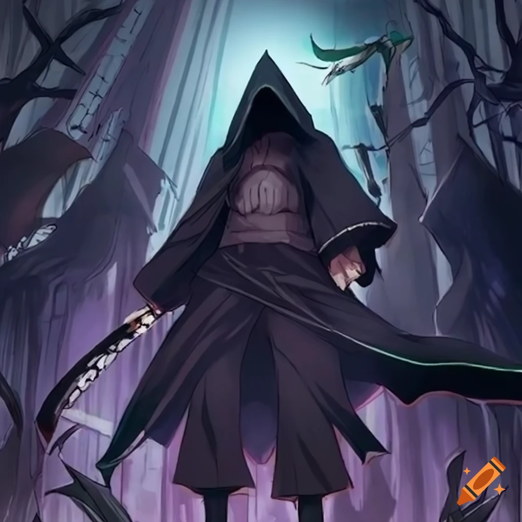 Anime character with skull mask and dark hood on Craiyon