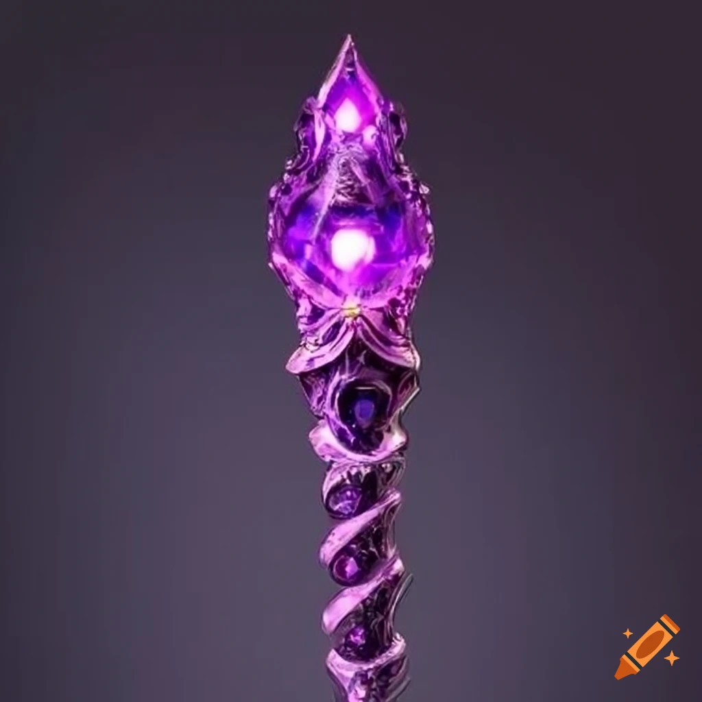 Intricately-designed scepter with a glowing purple gemstone on Craiyon