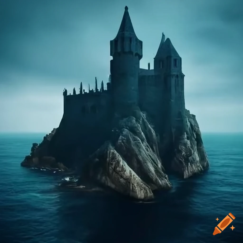 Gothic fortress on rocky cliff surrounded by sea on Craiyon